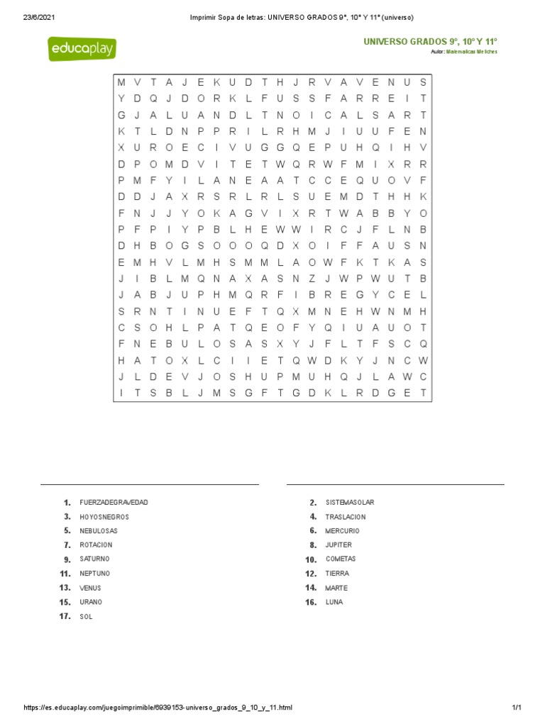 Sopa de Letras: Universo para Grados 9-11 | PDF | Objetos astronômicos ...
