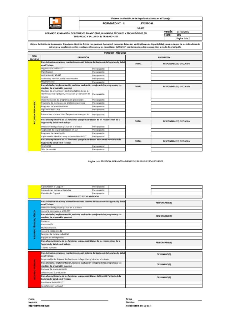 FT SST 046 Formato Asignacion Presupuesto Recursos | PDF | Presupuesto ...