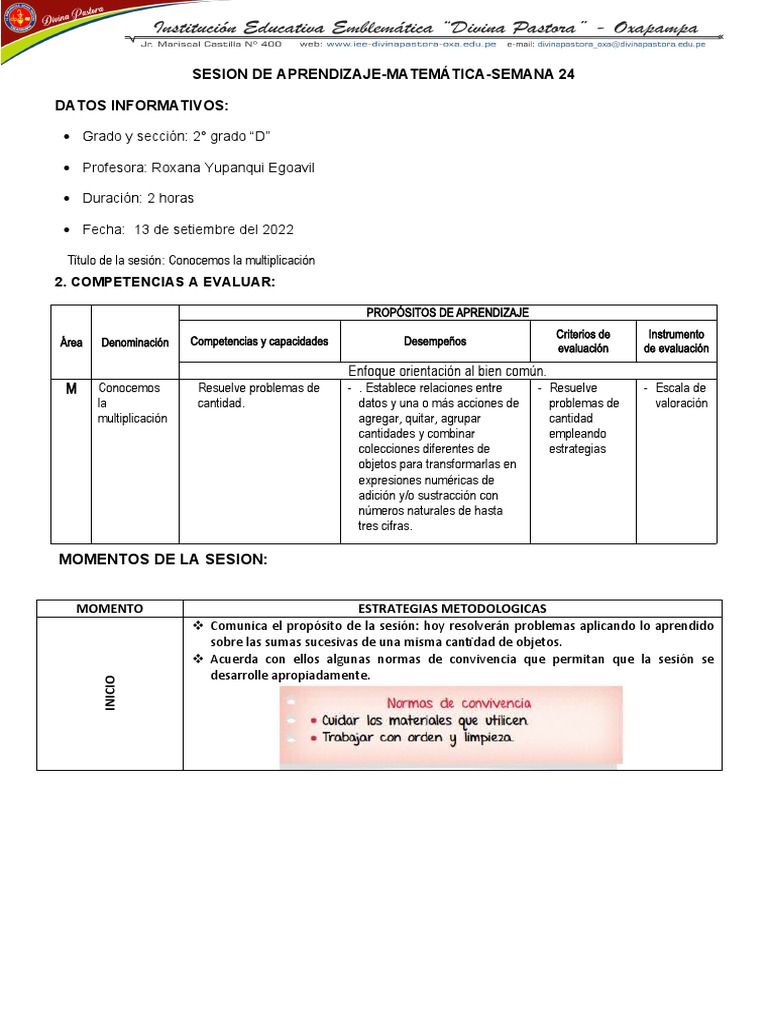 Sesion de Aprendizaje Conocemos La Multiplicacion | PDF | Evaluación | Aprendizaje