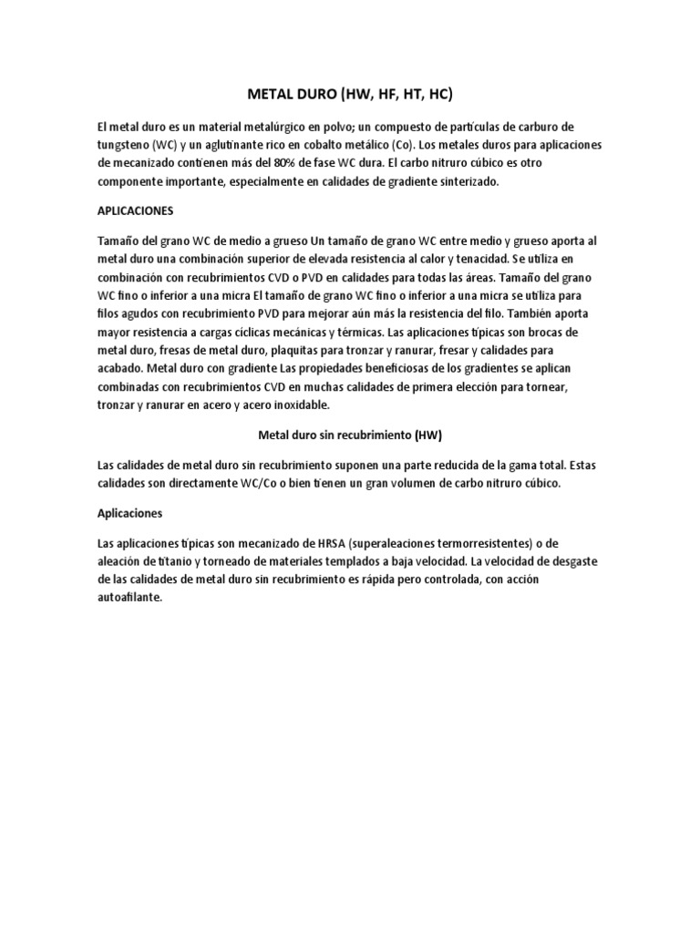 Metal Duro (HW, HF, HT, HC) : Aplicaciones | PDF | Revestimiento | Conjuntos de elementos químicos