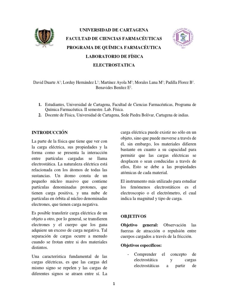 INFORME DE FÍSICA - ELECTROSTÁTICA | PDF | Electrostática | Carga eléctrica