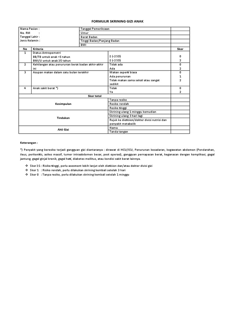 Formulir Skrining Gizi Anak | PDF