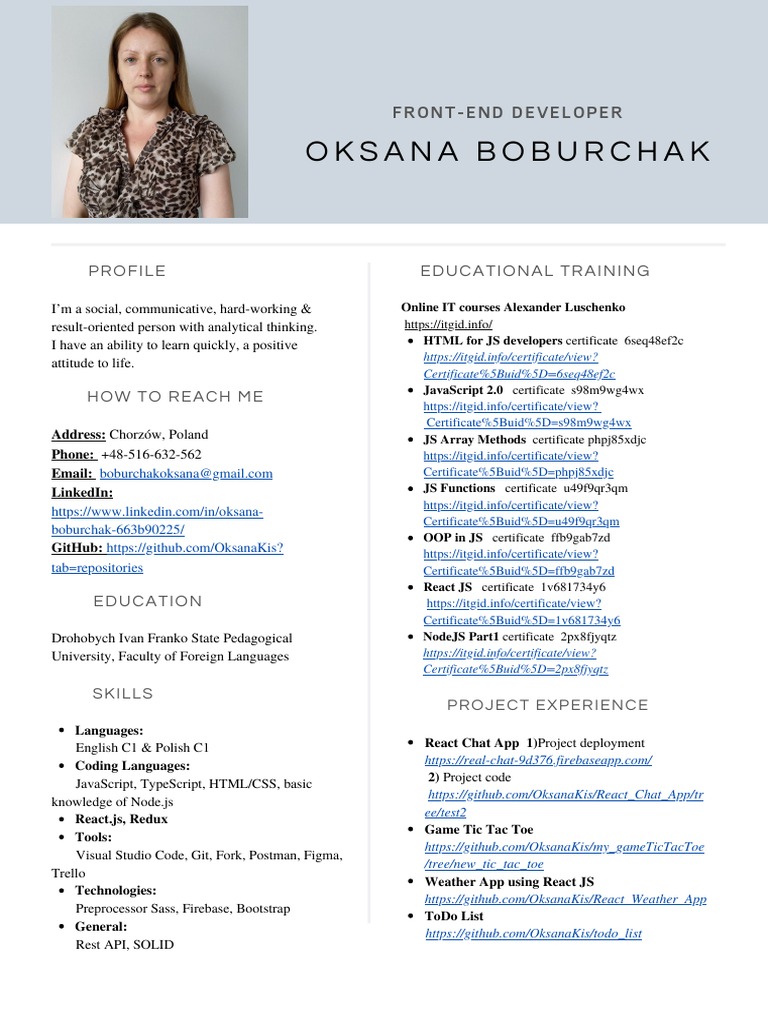 Oksana Boburchak | PDF | Software Development | Software Engineering