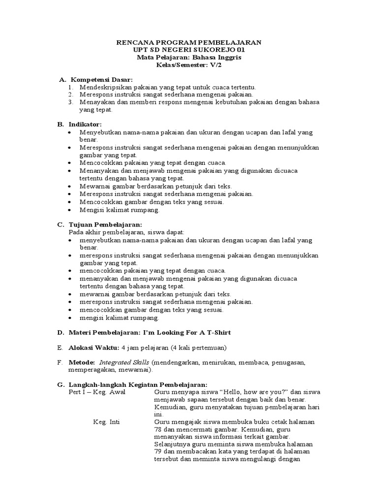 RPP K13 Bahasa Inggris Kelas 5 Semester 2 Revisi 2019 | PDF