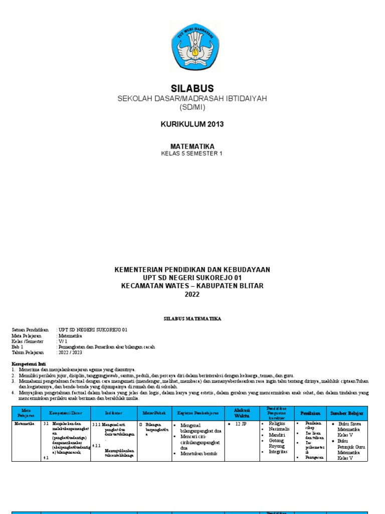 Silabus Matematika Kelas 5 SEM 1 | PDF