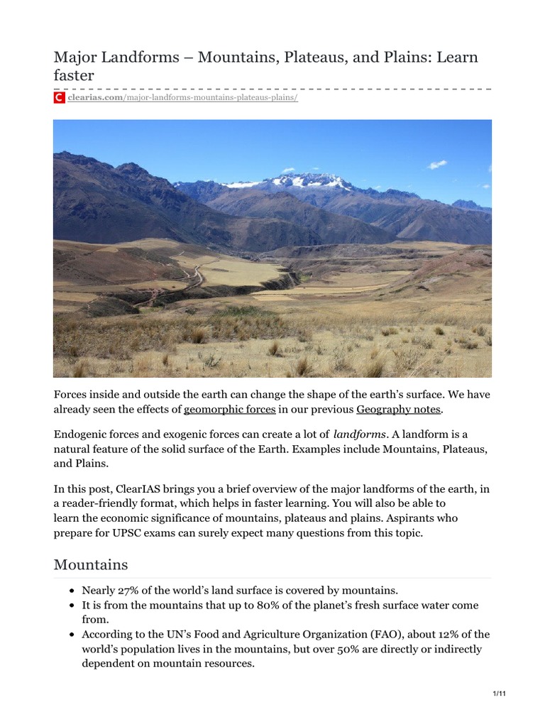 Major Landforms Mountains Plateaus and Plains Learn Faster | PDF