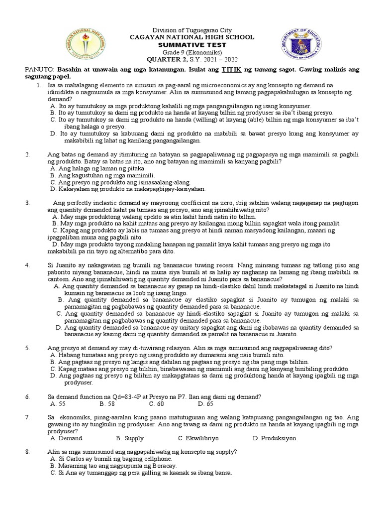 Summative Test With Tos 2ND Quarterekonomiks | PDF