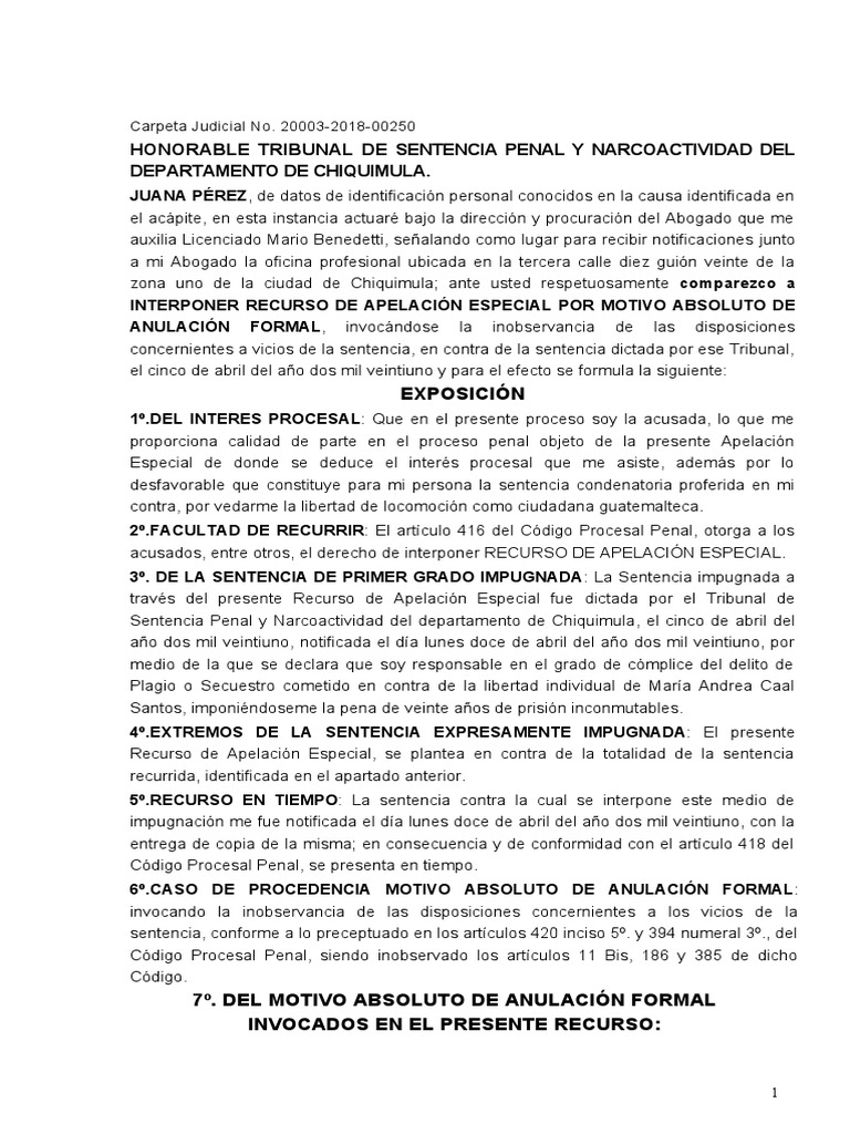 Modelo de APELACION ESPECIAL Motivo Absoluto de Anulación Formal | PDF | Evidencia (ley ...
