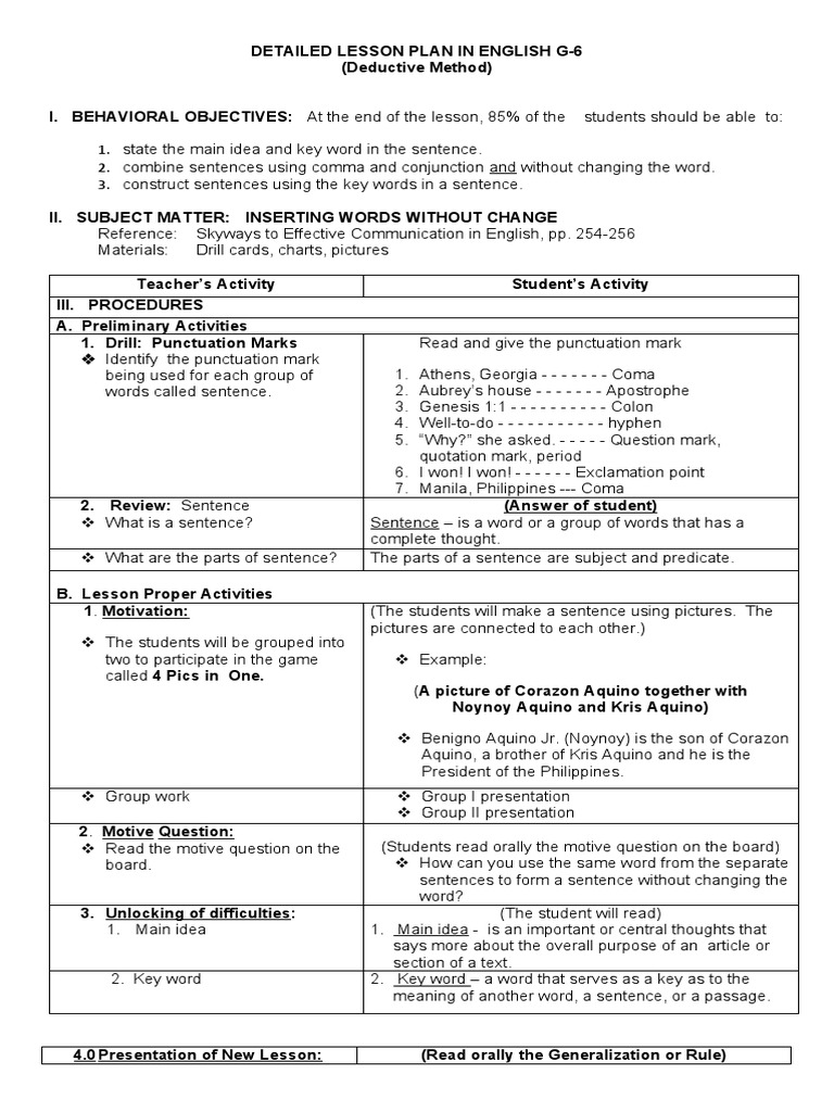 6th Grade Deductive Lesson Plan | PDF | Punctuation | Verb