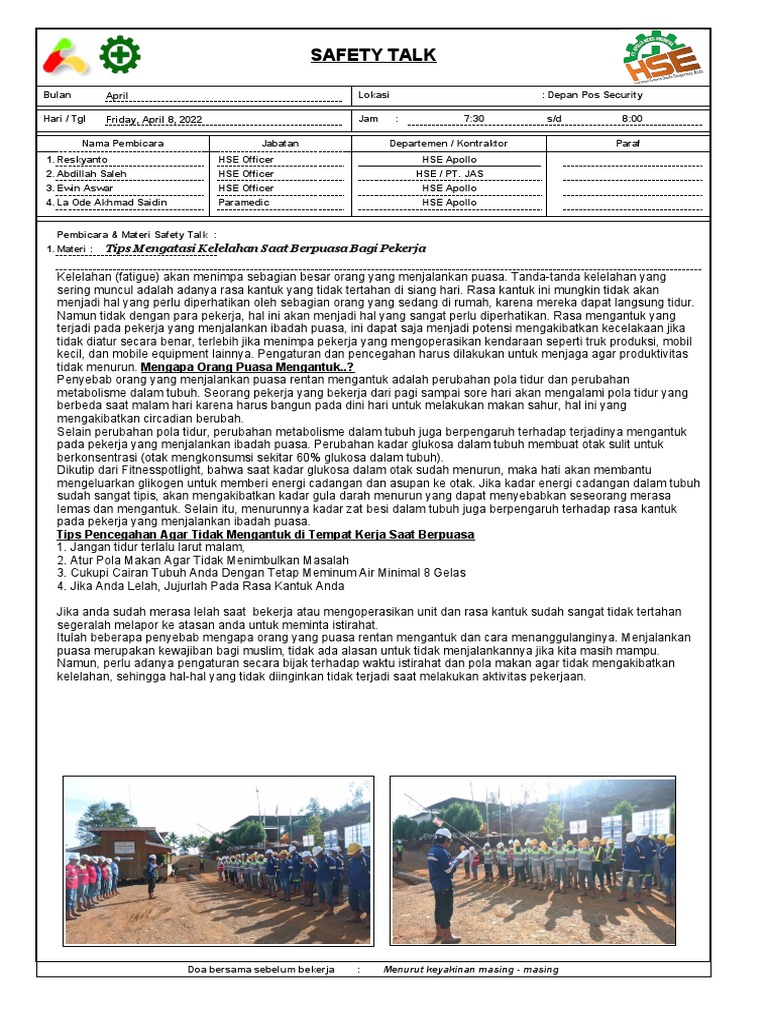 Laporan Safety Talk 8 April 2022 | PDF