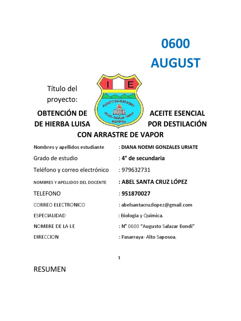 Proyecto Fencyt Cyt Hierba Luisa | PDF | Destilación | Agua