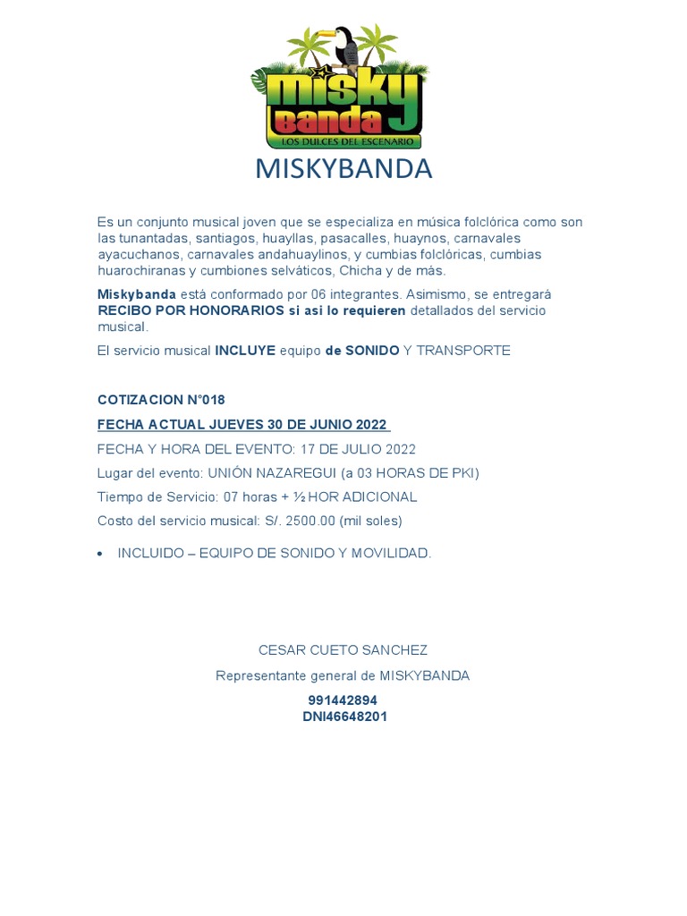 COTIZACION AGRUPACION MUSICAL | PDF