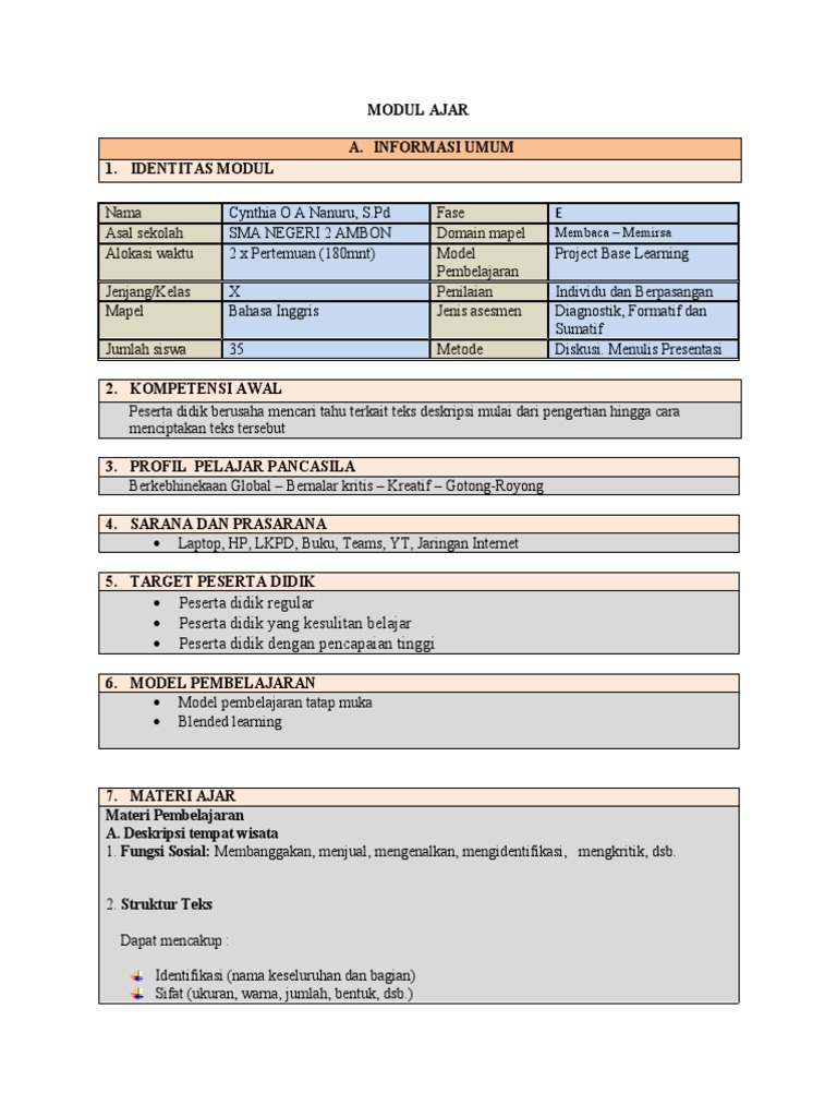 Modul Ajar Bahasa Inggris Descriptive Text | PDF