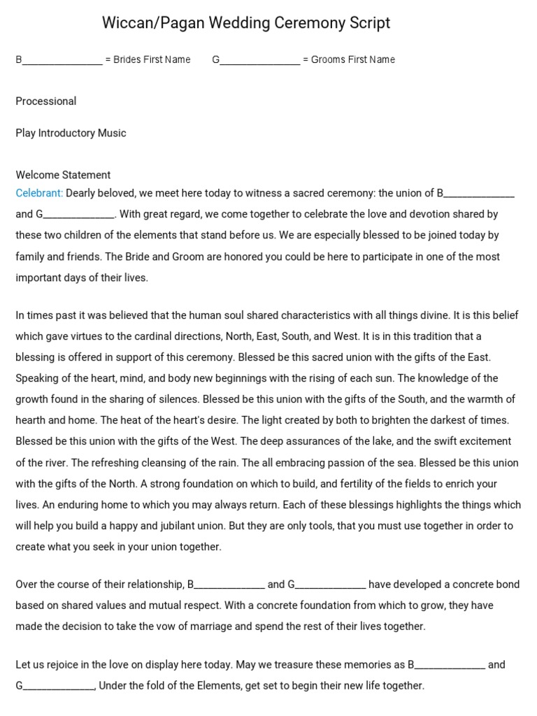 Wiccan Pagan Wedding Ceremony Script | PDF | Wedding | Social Conventions Wiccan Pagan Wedding Ceremony Script | PDF | Wedding | Social Conventions
