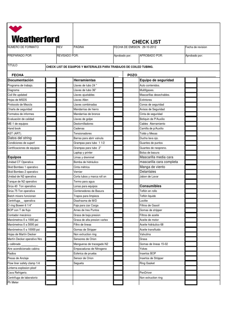 Check List Verificacion de Equipos y Materiales para Servicio CT | PDF ...