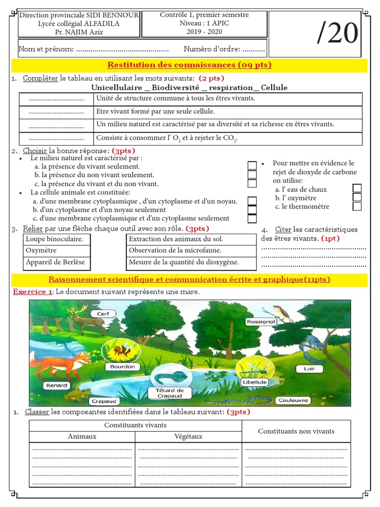Contrôle SVT 1AC Semestre 1 avec Corrigé | PDF | Cytoplasme | Cellule ...