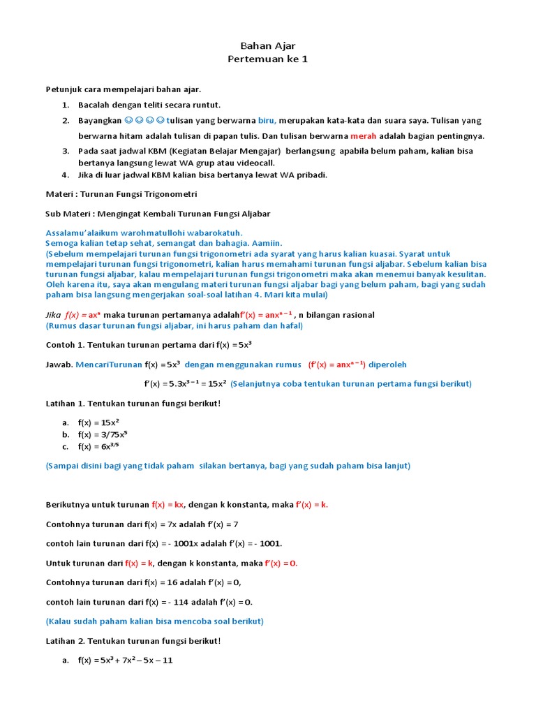 Bahan Ajar 1 Turunan Fungsi Trigonometri | PDF