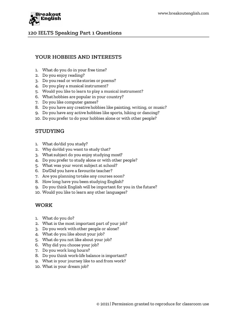 120 Ielts Speaking Part 1 Questions Pdf