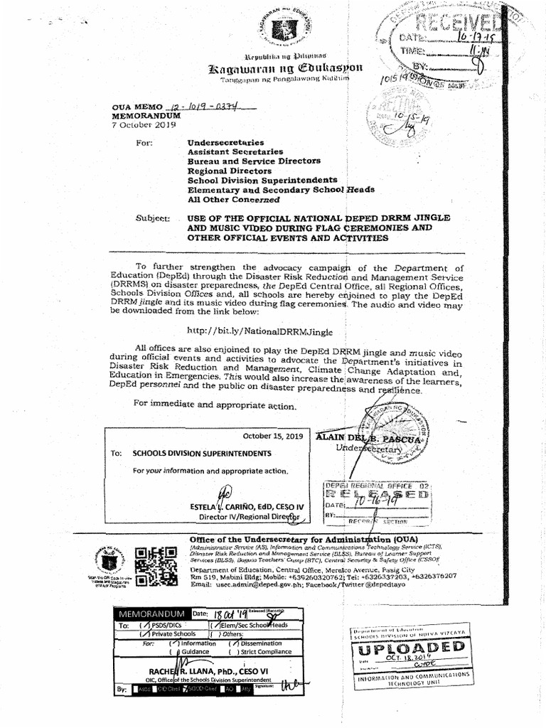 2019-10-18 USE OF THE OFFICIAL NATIONAL DEPED DRRM JINGLE (1) | PDF