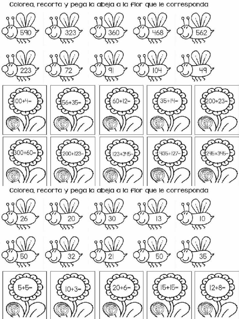 Relaciona La Abeja Con La Flor Sumas para Segundo Grado | PDF