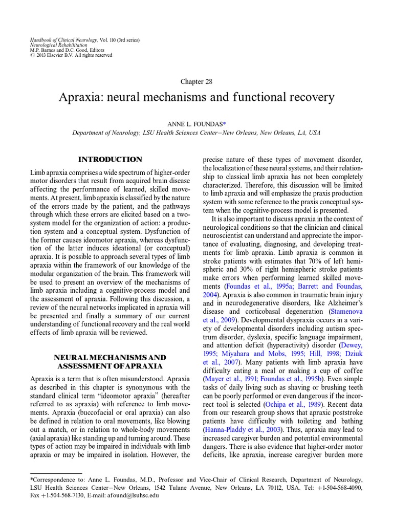 Apraxia Neural Mechanisms and Functional Recovery | PDF | Lateralization Of Brain Function ...