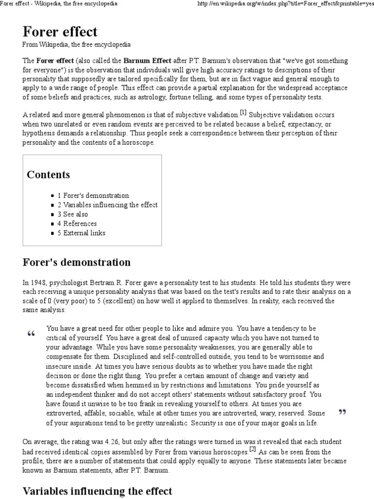 Forer Effect - Wikipedia, The Free Encyclopedia | Psychology ...
