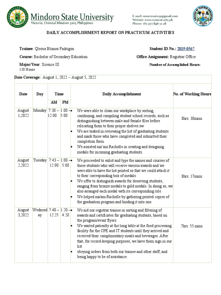 ACCOMPLISHMENT REPORT ON PRACTICUM ACTIVITIES - Week 1 (AutoRecovered ...