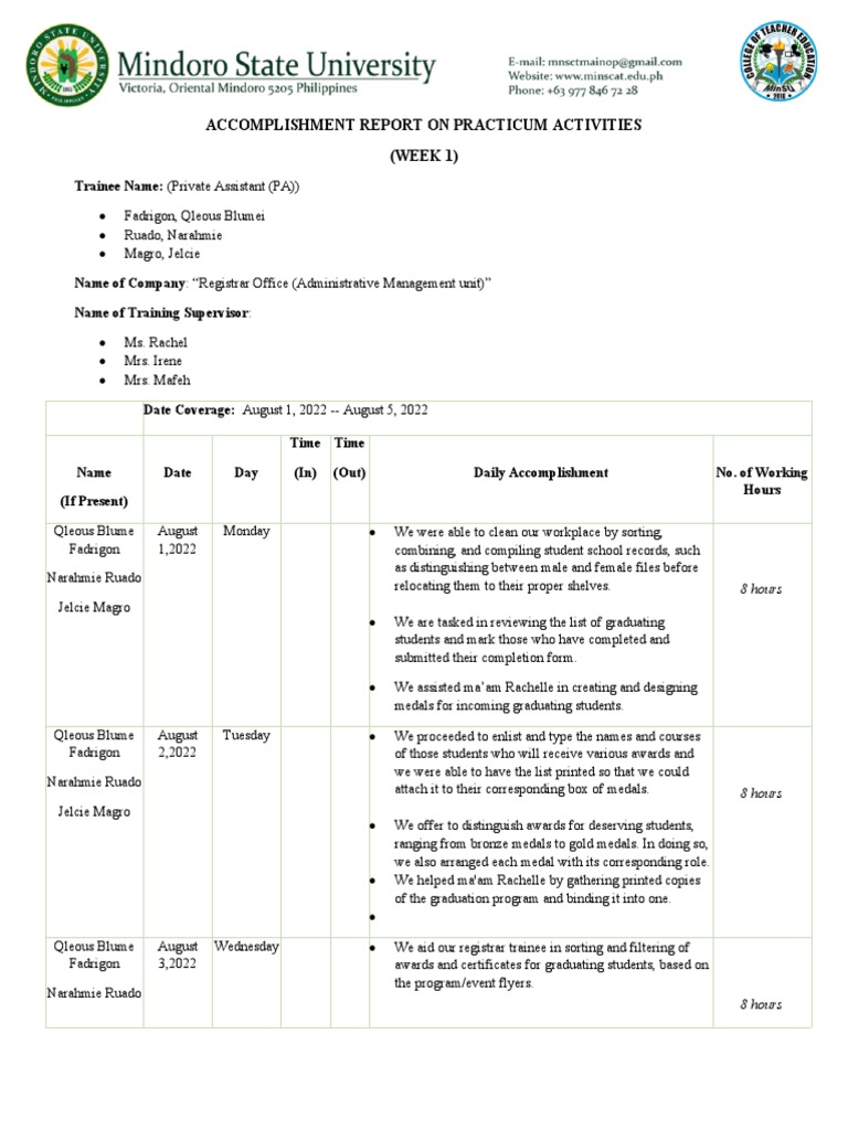 ACCOMPLISHMENT REPORT ON PRACTICUM ACTIVITIES - Week 1 | PDF