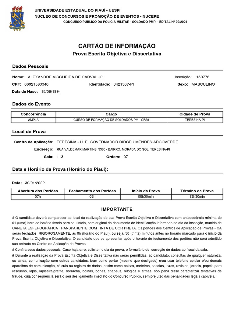 Cartão de Informação: Prova Escrita Objetiva e Dissertativa | PDF