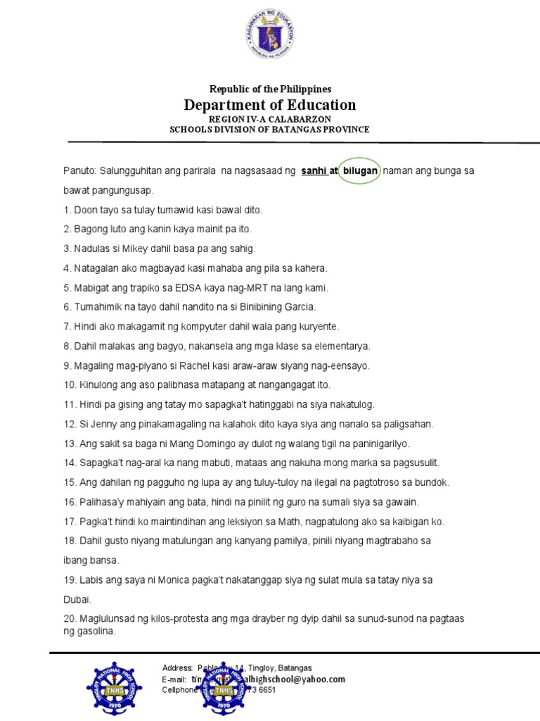 Pagsasanay Sa Sanhi at Bunga | PDF