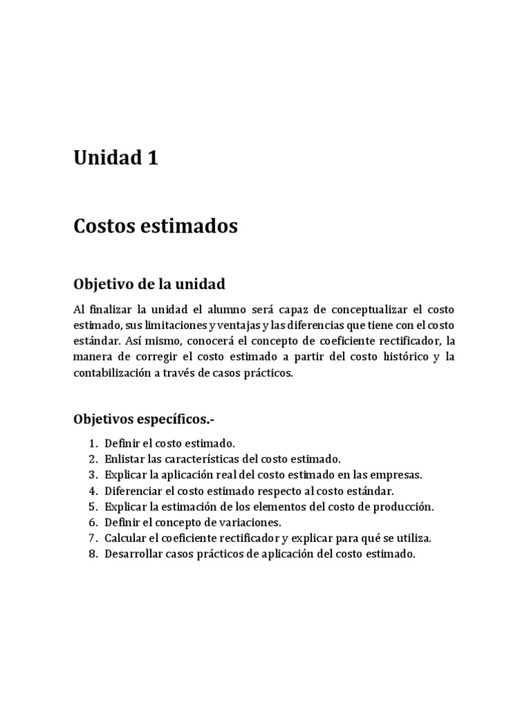 Unidad 1 COSTOS ESTIMADOS | PDF