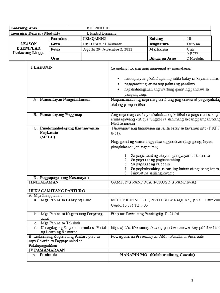 FILIPINO 10 Q1-Week2-PMMirador SCRIBD | PDF
