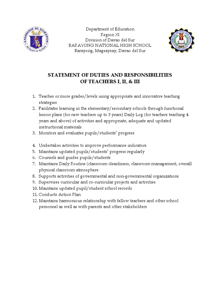 Statement of Duties and Responsibilities | PDF