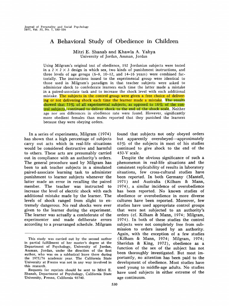 A Behavioral Study of Obedience in Children | PDF