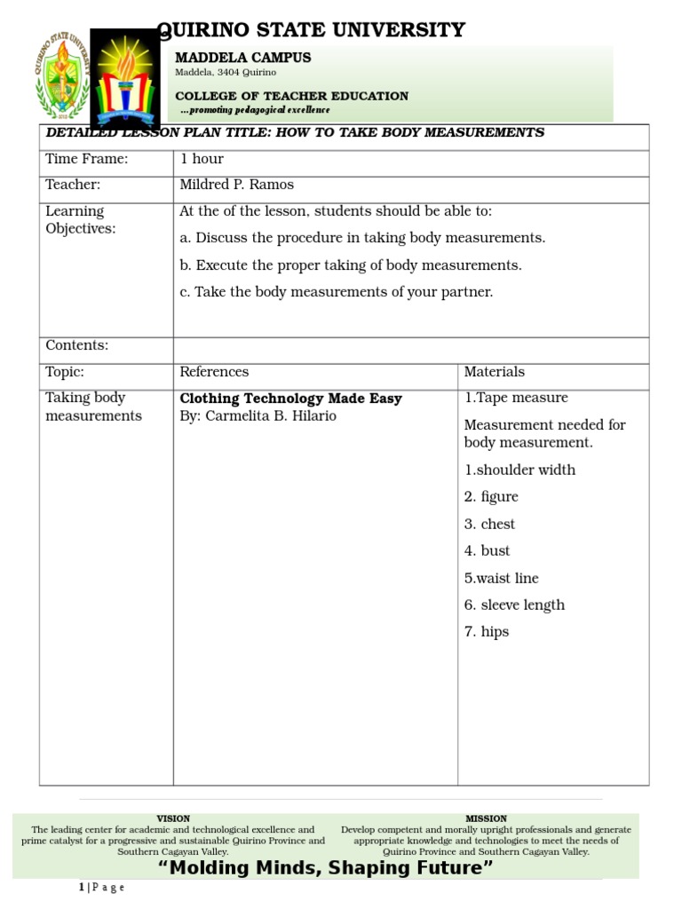 Lesson Plan Taking Body Measurement | PDF
