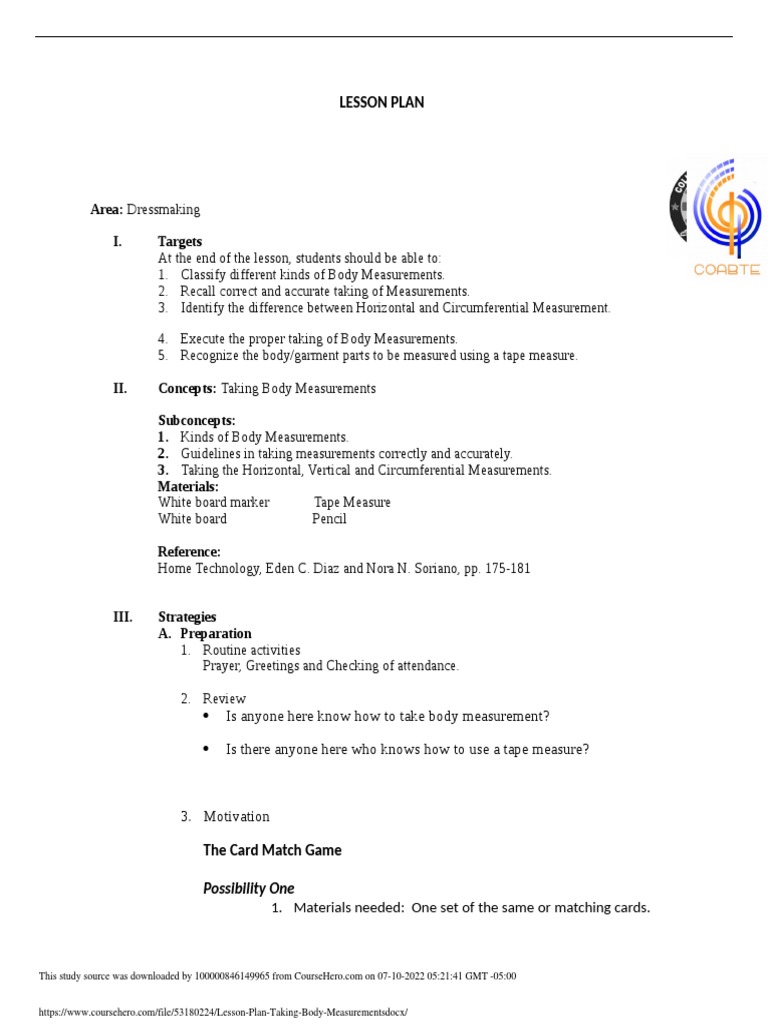 Lesson Plan Taking Body Measurements | PDF | Dress | Clothing