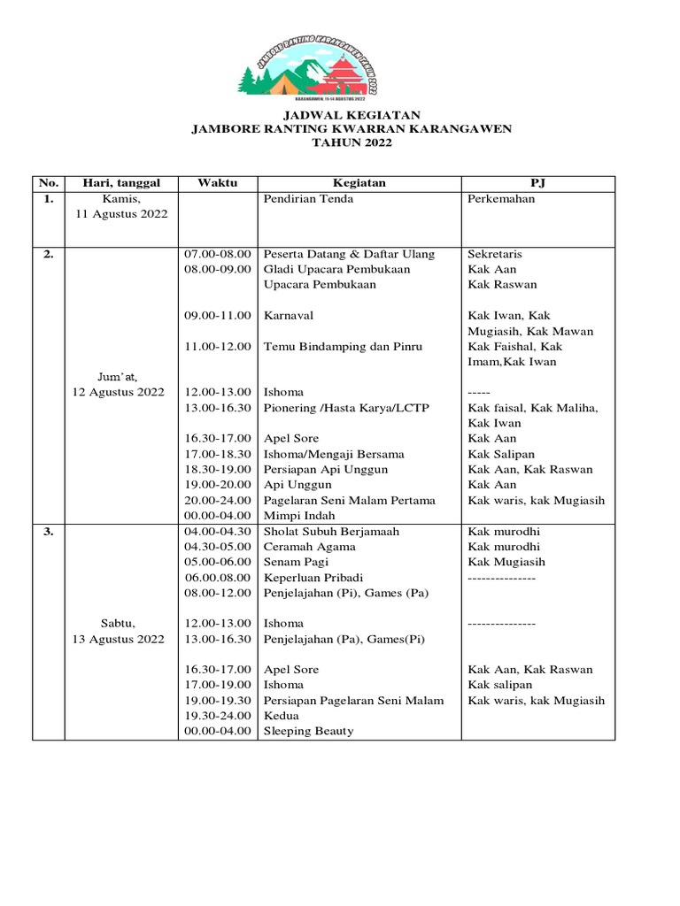Jadwal Jambore Karangawen 2022 | PDF