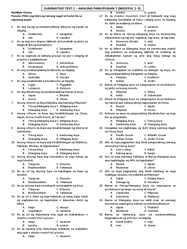 1ST QTR Summative Test Grade 7 Ap - Modyul 1-3 | PDF