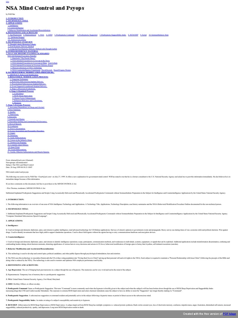 Nsa Mind Control and Psyops by Will Filer | PDF | National Security Agency | Sleep