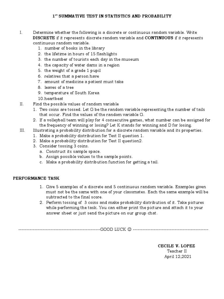 1st SUMMATIVE TEST IN STATISTICS AND PROBABILITY | PDF | Probability ... 1st SUMMATIVE TEST IN STATISTICS AND PROBABILITY | PDF | Probability ...