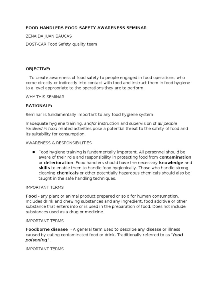 Food Safety Awareness For Food Handlers | PDF | Foodborne Illness ...
