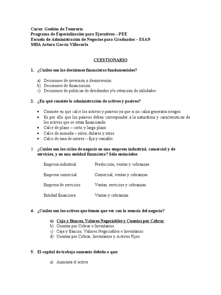 Esan - PEE - Gestión de Tesorería - Cuestionario | PDF | Capital de ...