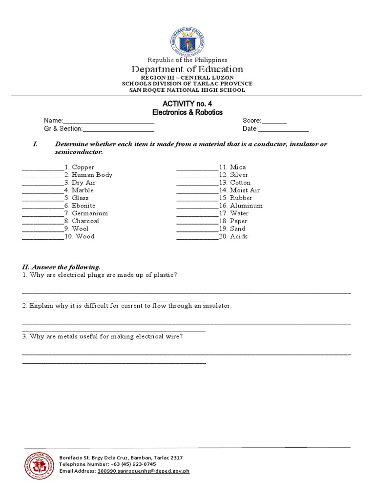 Electronics & Robotics Material Quiz | PDF