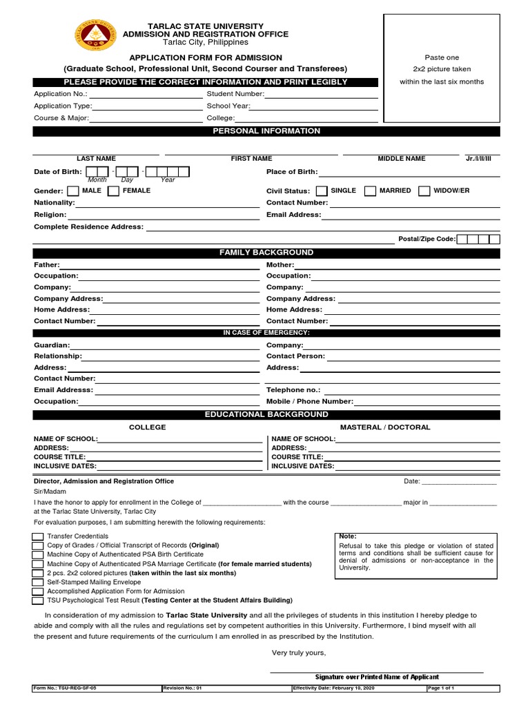 Tsu Reg SF 05 Application Form For Admission Graduate School Professional Unit Second Courser ...