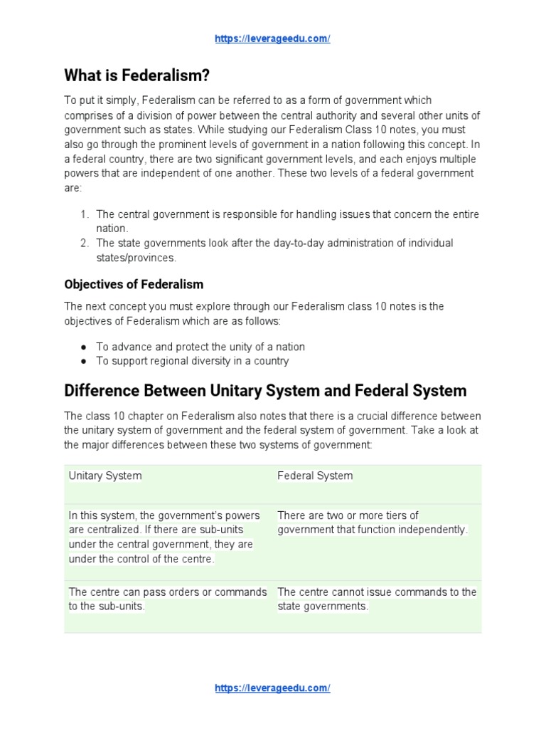 Federalism-Class-10-Notes | PDF | Federation | Governance