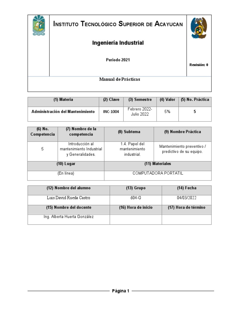 PRACTICA 5. Mantenimiento Preventivo y Predictivo | PDF | Ingeniería | Informática