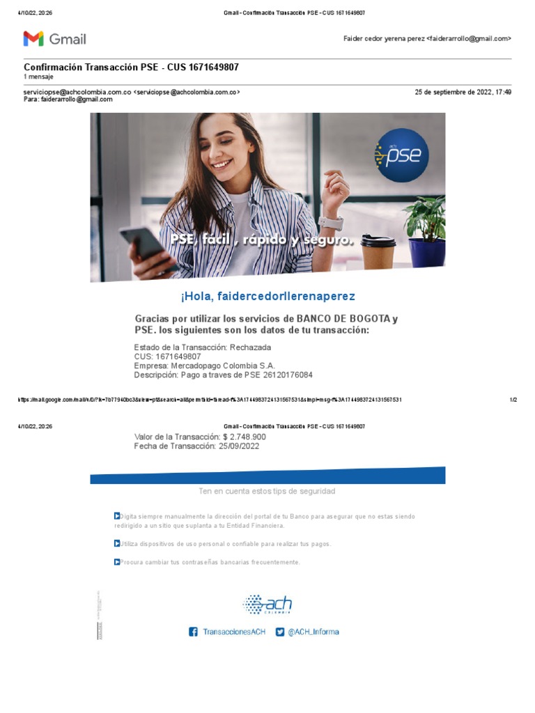 Gmail - Confirmación Transacción PSE - CUS 1671649807 | PDF | Bancos | Bancario