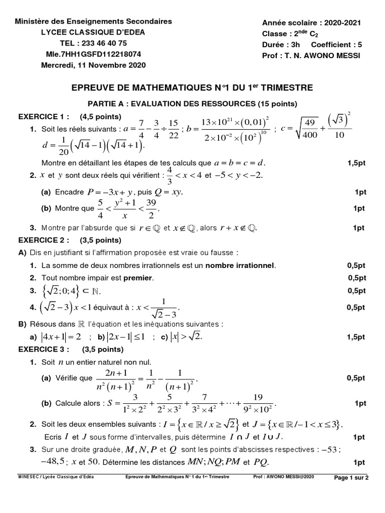 Epreuve de Mathematiques N°1 Du 1er Trimestre - Classe 2nde C - Cameroun | PDF | Concepts ...