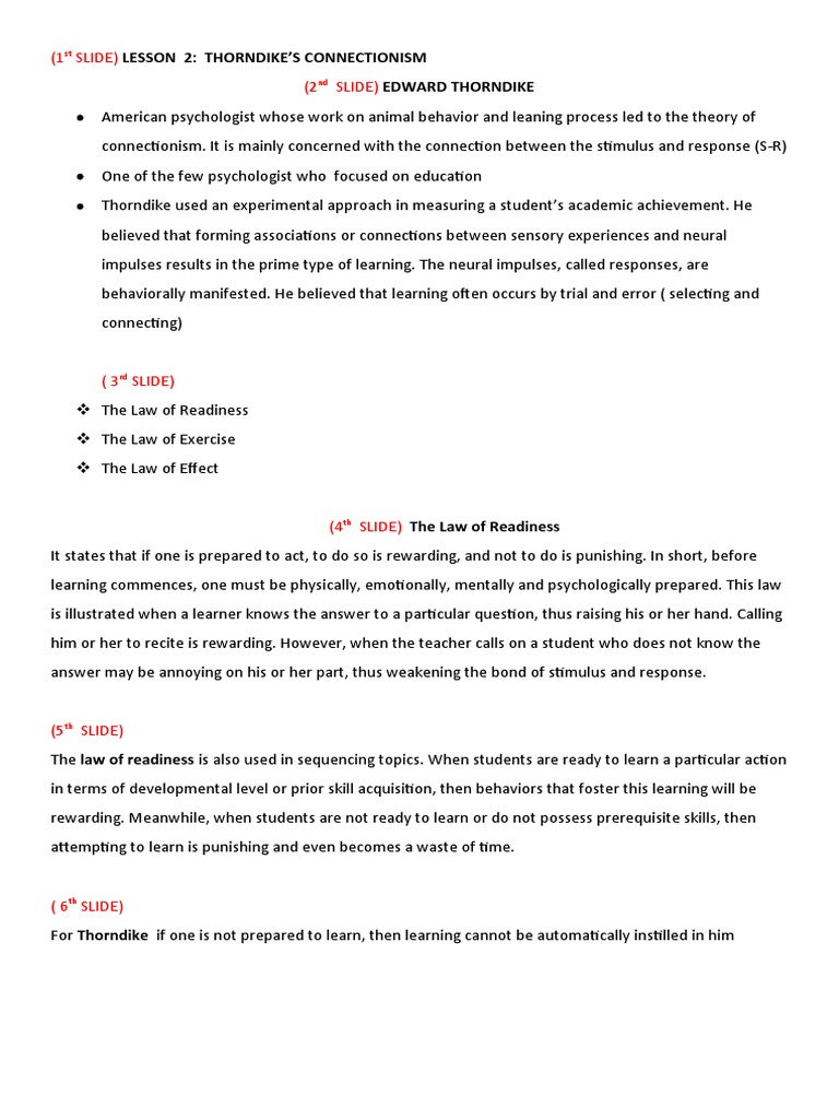 Lesson 2 Thorndike's Connectionism | PDF | Learning | Cognitive Psychology