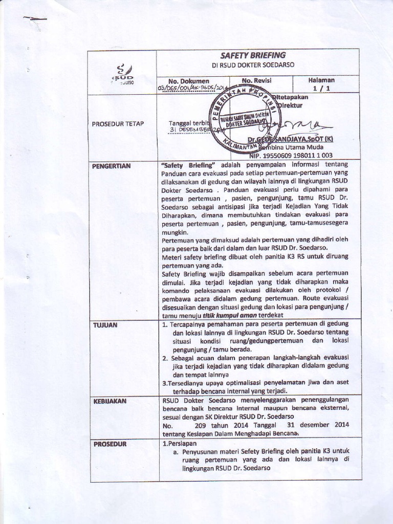 Sop 33. Safety Briefing Di Rsud Dokter Soedarso | PDF